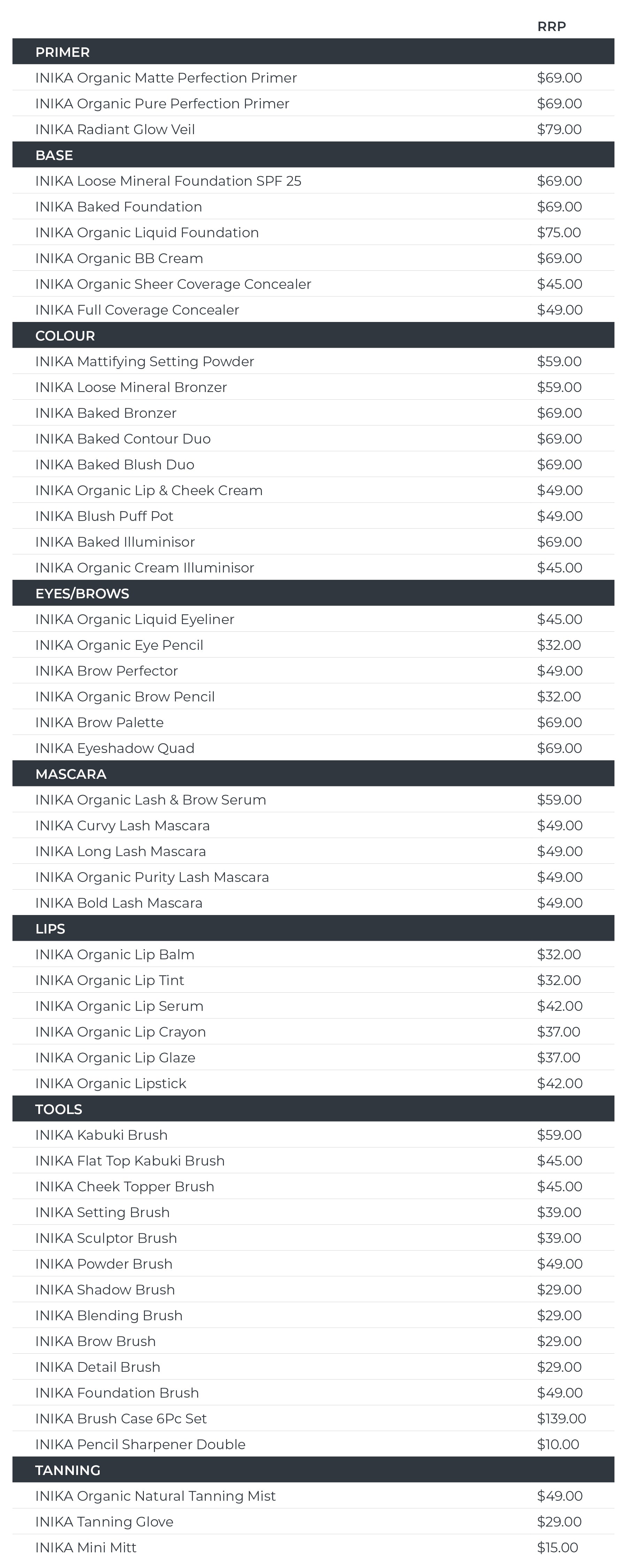 INIKA Organic Price List – INIKA Organic Australia